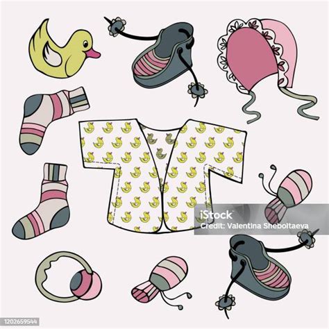 손으로 만화의 스타일로 설정 벡터 윤곽 도면 손으로 그린 첫 아기 물건 조끼 모자 딸랑이 오리 장난감 첫 번째 다른 표시 첫 번째 신발 어린이 상점에 대한 웹 배너 0명에