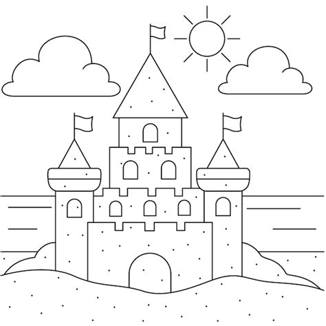 귀여운 모래 성 여름 어린이용 색칠 페이지 터 인쇄 가능한 유치원 작업표 프리미엄 벡터