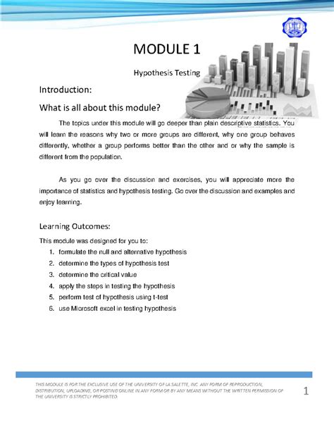 Module Hypothesis Testing THIS MODULE IS FOR THE EXCLUSIVE USE OF THE UNIVERSITY OF LA