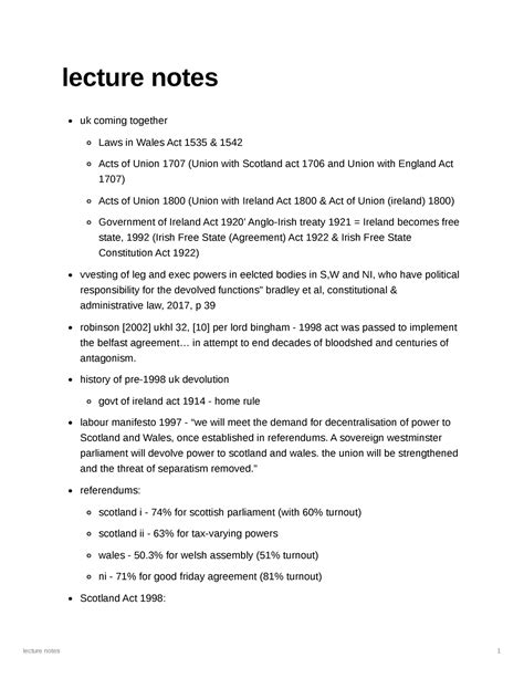 Devolution And Territorial Constitution Lecture Notes Lecture Notes 1 Lecture Notes Uk Coming