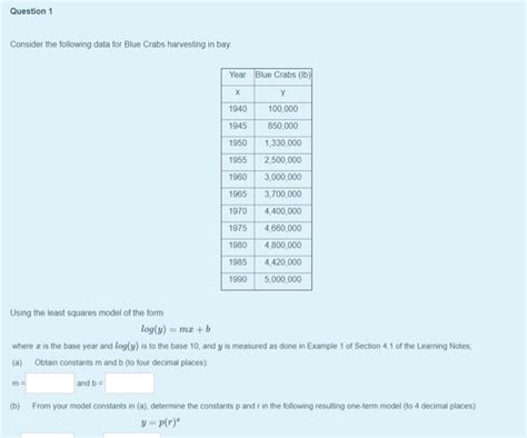 Solved Question 1 Consider The Following Data For Blue Crabs