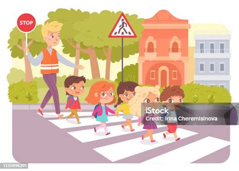 횡단 보도에서 교사에 의해 선도 아이 그룹 도로 표지판 정류장을 들고 교육자 신호등 자동차 수송교차로 행복한 아이들은 얼룩말 횡단을 통해 길을 가로 질러 걸어 벡터 디자인