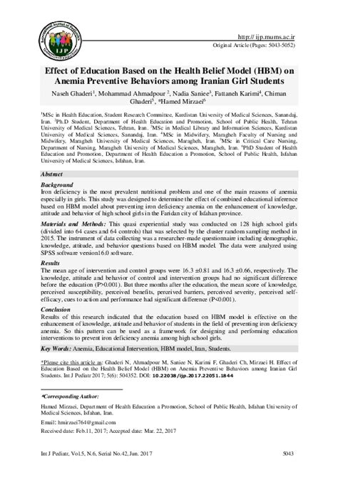 Pdf Effect Of Education Based On The Health Belief Model Hbm On Anemia Preventive Behaviors