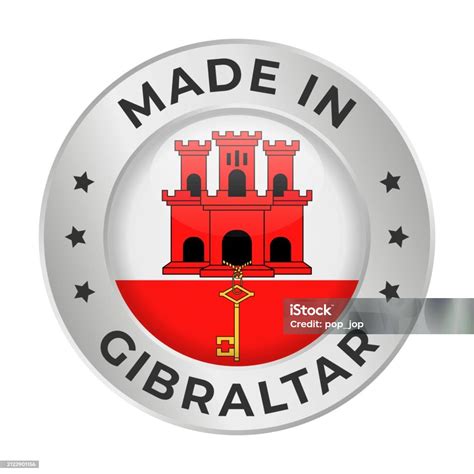 지브롤터에서 제작 벡터 그래픽 지브롤터의 국기와 지브롤터에서 만든 텍스트가 있는 둥근 은색 라벨 배지 엠블럼 흰색 배경에 고립 3차원 형태에 대한 스톡 벡터 아트 및 기타