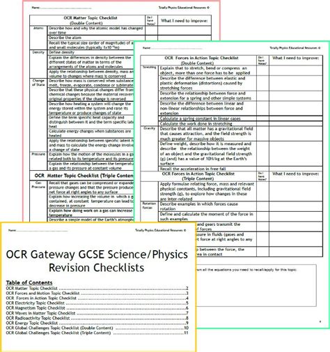 Ocr Gateway Physics Gcse Topic Checklists New 1 9 Grade Spec Physics Gcse Physics Physics