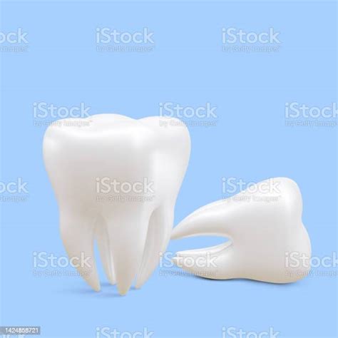 파란색 배경에 고립 된 사실적인 치아 치아 치과 치료의 개념 벡터 일러스트 레이 션 3차원 형태에 대한 스톡 벡터 아트 및 기타 이미지 3차원 형태 개념 건강관리와