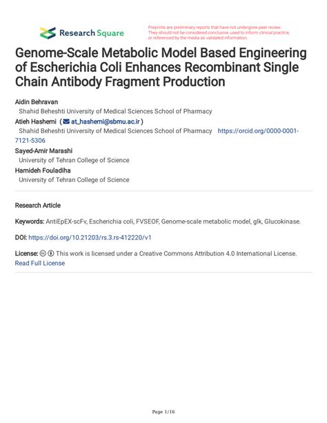 Pdf Genome Scale Metabolic Model Based Engineering Of Escherichia Coli Enhances Recombinant