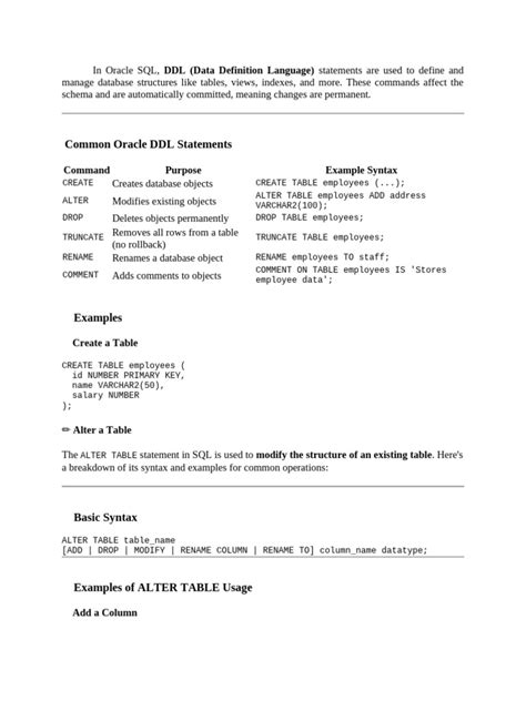 Sql Ddl Statements With Example 1 Pdf Relational Database Table Database