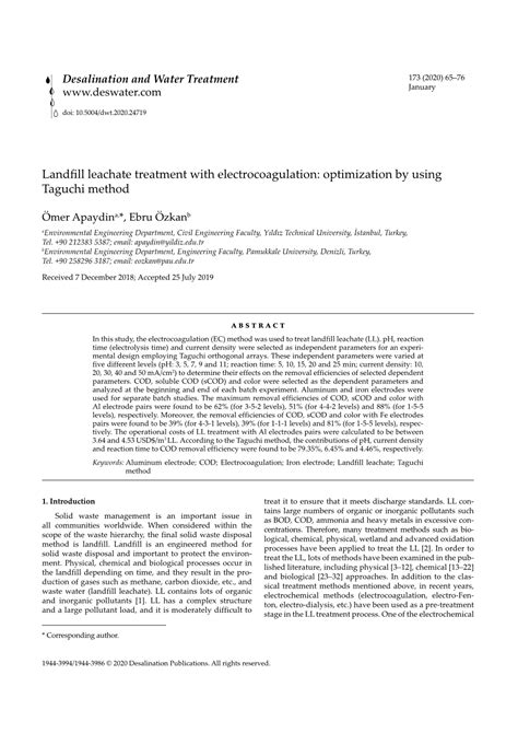 Landfill Leachate Treatment With Electrocoagulation Optimization By Using Taguchi Method Docslib