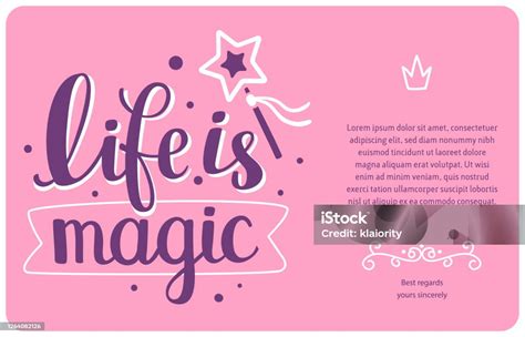자필 글자 마술 지팡이 리본 텍스트 분홍색 배경에 프레임 마법 벡터 템플릿 귀여운에 대한 스톡 벡터 아트 및 기타 이미지