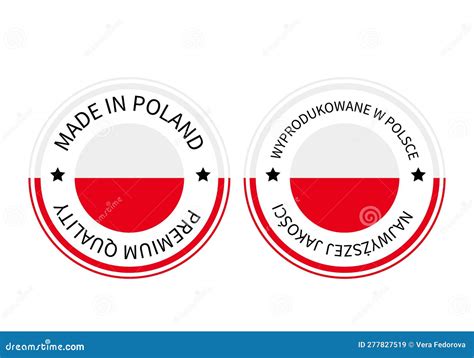 Made In Poland Round Labels In English And In Polish Languages Quality Mark Vector Icon Stock