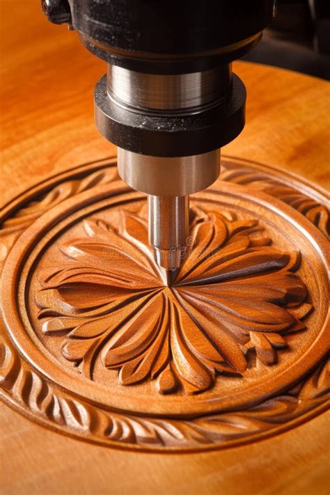 Cnc Router Carving Intricate Floral Pattern In Wood Craftsmanship Precision Automation Stock