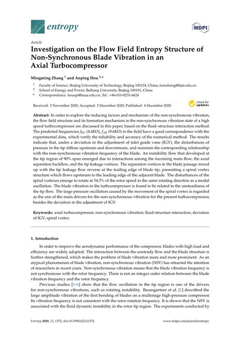 Pdf Investigation On The Flow Field Entropy Structure Of Non Synchronous Blade Vibration In An