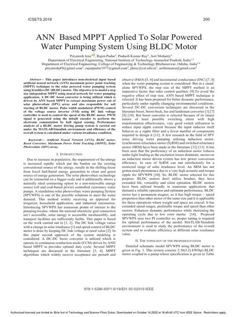Ann Based Mppt Applied To Solar Powered Water Pumping Using Bldc Motor