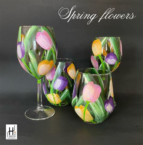 Tulip Wine Glasses Spring Flowers Easter Decor Easter T Floral Decor Floral Wine Glasses