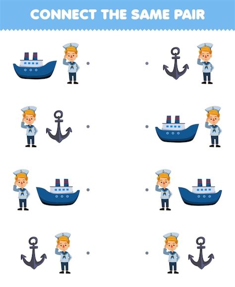 어린이를 위한 교육 게임은 귀여운 만화 항해선과 앵커 쌍 인쇄 가능한 직업 워크시트의 동일한 그림을 연결합니다 프리미엄 벡터