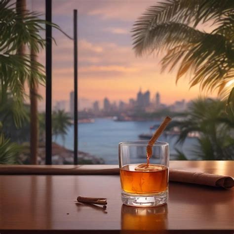 A Glass Of Whiskey Sits On A Table Next To A Palm Tree Premium Ai