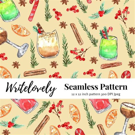 Seamless Repeating Pattern Sublimation 12 X 12 Inch Christmas Drinks Wine Winter Holly