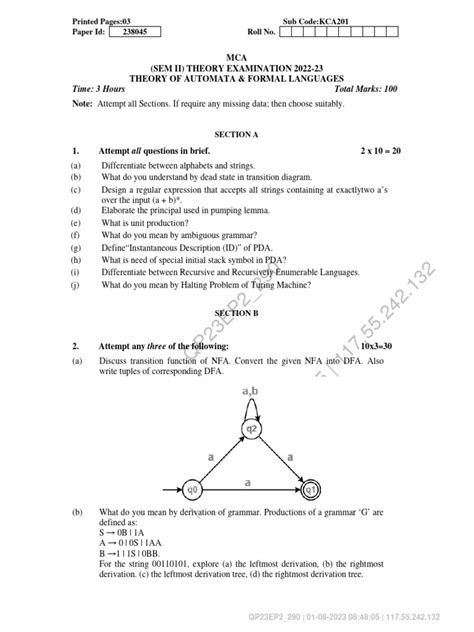mca 2 sem theory of automata formal languages kca201 2023 download