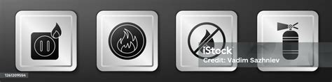 화재 화재 불꽃 화재 및 소화기 아이콘에 소켓의 전기 배선을 설정합니다 실버 스퀘어 버튼 벡터 경계 표지에 대한 스톡 벡터 아트 및 기타 이미지 Istock