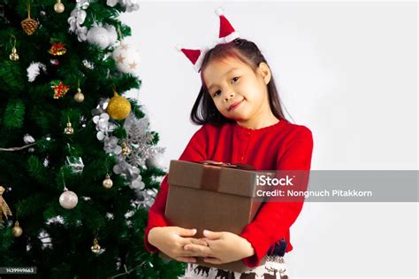 갈색 선물 상자를 들고 빨간 스웨터를 입은 아시아 아이와 크리스마스 트리 흰색 배경을 장식했습니다 즐거운 성탄절 6 7 살에 대한 스톡 사진 및 기타 이미지 Istock