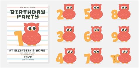 어린이 생일 파티를위한 인사 및 초대장 귀여운 올빼미와 플랫 어린이 스타일의 새와 숫자 세트 벡터 일러스트 레이션 컬렉션 카드 포스터 이벤트 인쇄 디자인 가공의 인물에 대한