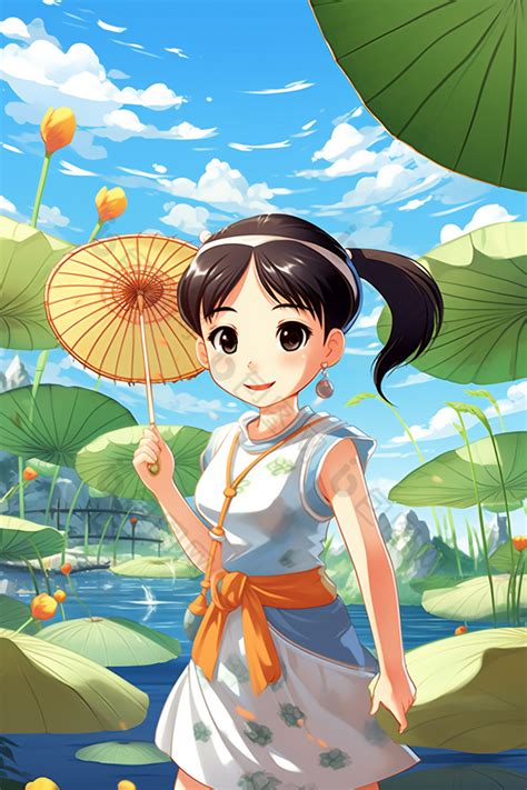 夏日荷塘少女的马尾辫插画图片 包图网