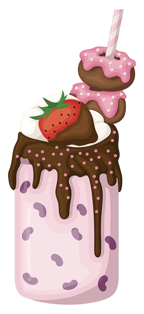 유토이미지 젤리가 들어있는 핑크 밀크쉐이크잔 위에 초코시럽이 흐르고 핑크 미니도넛 2개와 초코딸기 휘핑크림이 올라간 몬스터쉐이크