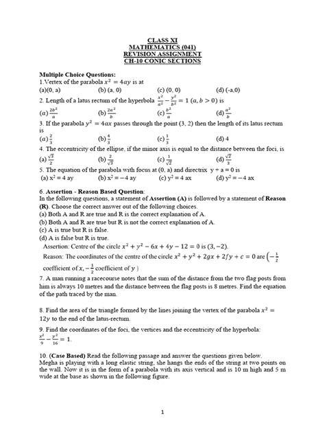 Class Xi Mathematics Conic Sections Mcqs Pdf Analytic Geometry