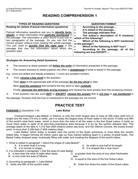 Reading Comprehension Practice Factual Questions