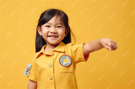 Premium Ai Image Cheerful Asian Girl Smile And Stands On Yellow