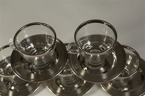 Vintage Glass Mugs With Platinum Rims Set Of 5 Demitasse Coffee Or Tea Mugs With Handles And