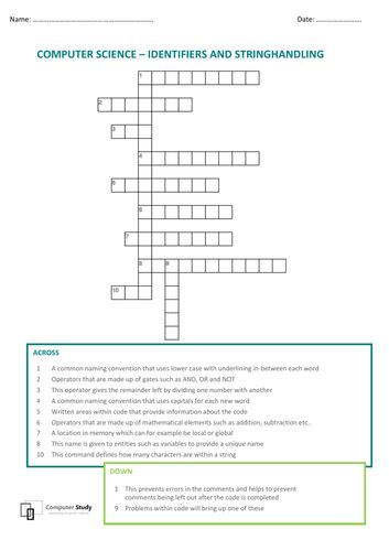 Computer Science Identifiers And String Handling Crossword Teaching Resources
