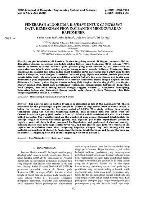 Pdf Penerapan Algoritma K Means Untuk Clustering Data Kemiskinan