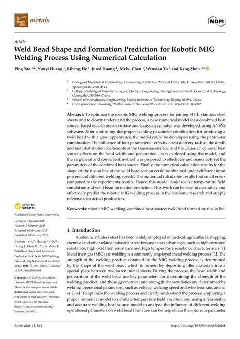 pdf weld bead shape and formation prediction for robotic mig welding