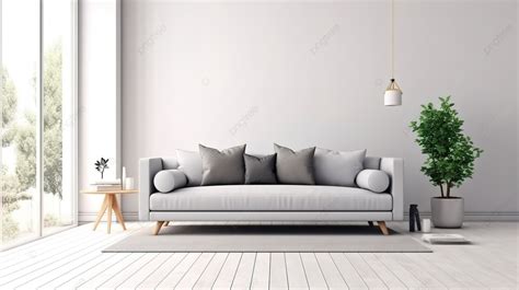 현대적인 거실 인테리어 회색 패브릭 소파 나무 사이드 테이블과 흰색 나무 바닥 3d 렌더링에 흰색 벽 미니멀한 방 현대 벽 가정 생활 배경 일러스트 및 사진 무료