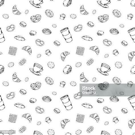 베이커리 일러스트 세트 완벽 한 패턴 낙서 커피 롤빵 카푸치노 컵 크로와상 컵 아침 빵집 생과자 디자인 음식 패턴 베르첼 마카롱 계피 양귀비 씨앗 건강에 좋지 않은 음식에