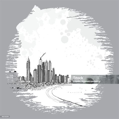 마리나 두바이 아랍 에미리트의 손으로 그려진된 밑그림입니다 아랍 에미리트 연방에서 모래 해변 도시와 해변 해안 그림입니다 벡터입니다 건물 외관에 대한 스톡 벡터 아트 및