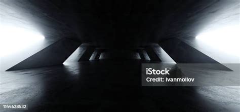 공상 과학 미래 외계인 우주선 밝은 시멘트 그런 지 콘크리트 차고 언더그라운드 터널 홀 빛나는 흰색 윈도우 화이트 블루 Led 레이저 조명 경로 빈 반사 3d 렌더링 실내에