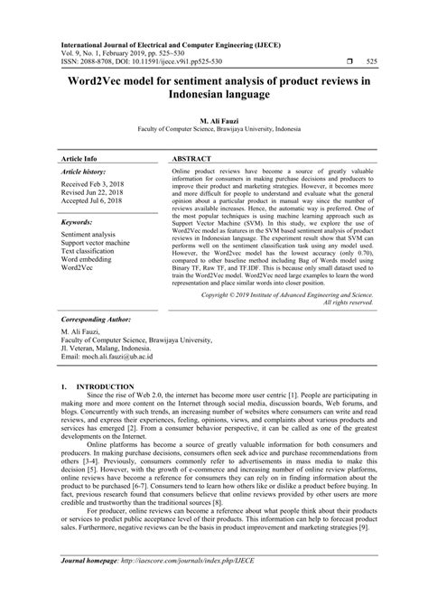 pdf word2vec model for sentiment analysis of product reviews in indonesian language