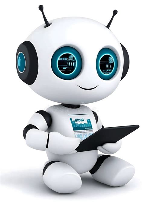 Cute Robot Character Holding Tablet Symbolizing Futuristic Technology Artificial Intelligence