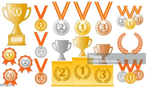 수상 메달 연단 트로피 상금 컬러 벡터 일러스트레이션 세트 메달에 대한 스톡 벡터 아트 및 기타 이미지 메달 인포그래픽