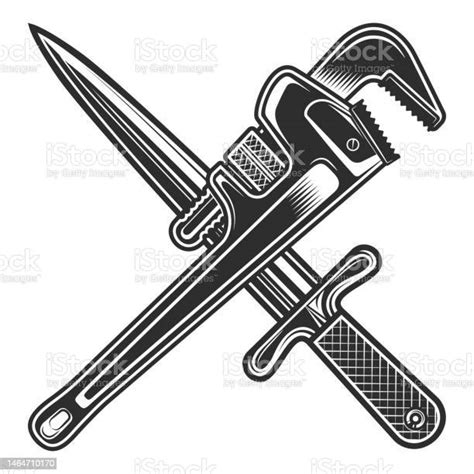 빈티지 단검 칼과 차체 공장 정비사 스패너 수리 도구 또는 가스 및 건축업자 배관 파이프용 건설 렌치 흑백 스타일 벡터 일러스트레이션 0명에 대한 스톡 벡터 아트 및 기타