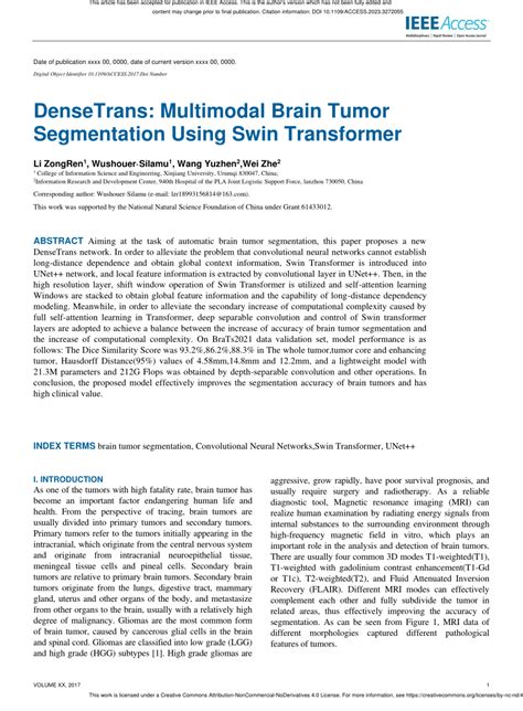 Pdf Densetrans Multimodal Brain Tumor Segmentation Using Swin Transformer