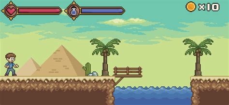 Pixel Art Desert Game Scene With Character Life Bar And Mana Vector