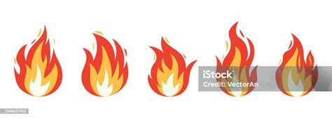 벡터 밝은 화상 불꽃 아이콘 세트 절연 흰색 배경 Hot Fire Flat 클립아트 모음입니다 불타는 불덩어리 표지판 0명에 대한 스톡 벡터 아트 및 기타 이미지 Istock