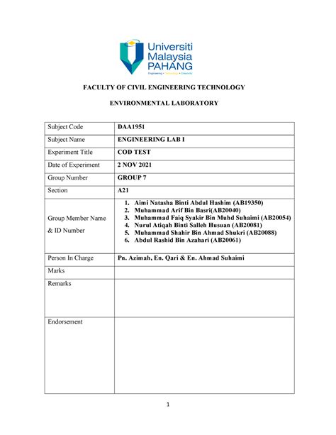 COD Lab Report Environment Lab Civil Engineering Studocu