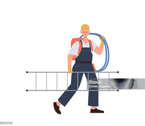 Man Electrician In Overalls Hardhat Helmet Carrying Wire Cable And Step