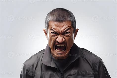 Ai Generated Angry Mature Asian Man Screaming In Rage Head And Shoulders Portrait On White