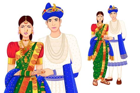 Pehwa와 함께 서있는 Marathi 커플은 인도 결혼식을 찾습니다 프리미엄 벡터
